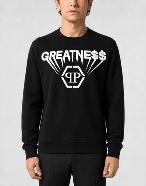 Philipp Plein Printed Fleece Round Neck Sweatshirt Greatness - Black