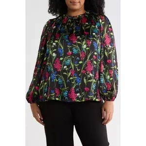 SUGARLIPS Floral Smocked Neck Long Sleeve Top - Black-multi