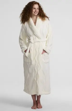LANDS' END Cozy Plush Long Wrap Robe Ivory