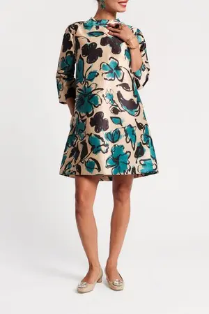 FRANCES VALENTINE Diplomat Mini Dress Abstract Meadow - Teal/camel