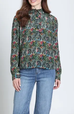 APNY Ruffled Half Placket Top - Moss/garnet Multi