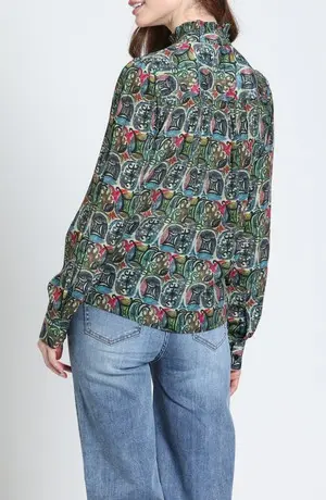 APNY Ruffled Half Placket Top - Moss/garnet Multi