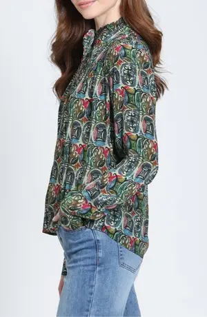 APNY Ruffled Half Placket Top - Moss/garnet Multi