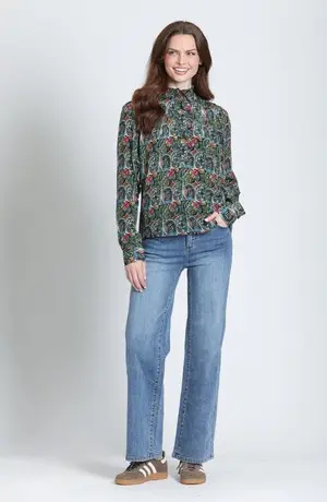 APNY Ruffled Half Placket Top - Moss/garnet Multi