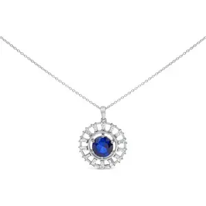 HAUS OF BRILLIANCE Sterling Lab Grown Sapphire And 3/5 Cttw Baguette Diamond Medallion Pendant Necklace - Silver