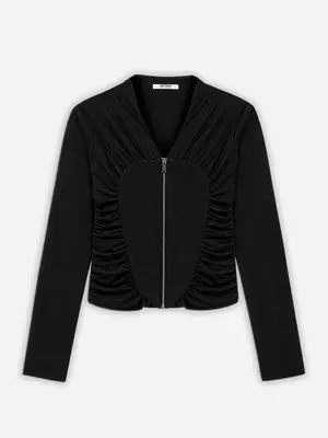 NOCTURNE Ruffle Trim Zip Front Blouse - Black