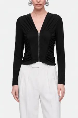NOCTURNE Ruffle Trim Zip Front Blouse - Black