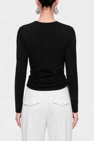 NOCTURNE Ruffle Trim Zip Front Blouse - Black