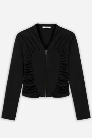 NOCTURNE Ruffle Trim Zip Front Blouse - Black