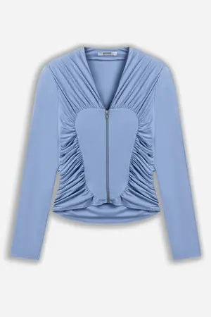 NOCTURNE Ruffle Trim Zip Front Blouse - Blue