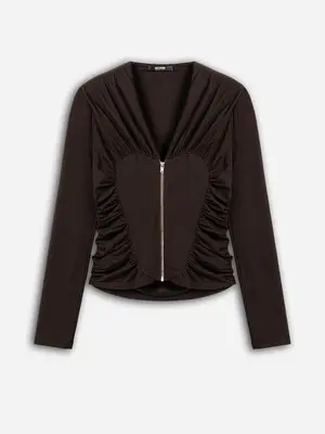 NOCTURNE Ruffle Trim Zip Front Blouse Brown