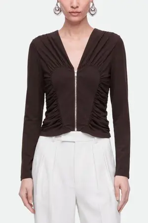 NOCTURNE Ruffle Trim Zip Front Blouse - Brown
