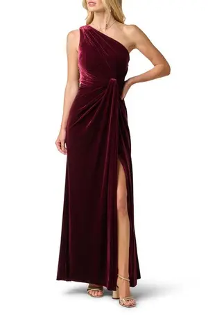 Adrianna Papell One Shoulder Stretch Velvet Twist Knot Draped Gown