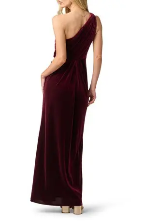 Adrianna Papell One Shoulder Stretch Velvet Twist Knot Draped Gown