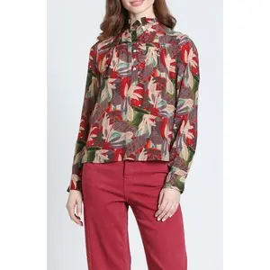 APNY Ruffle Half Placket Top - Crimson/forest Multi