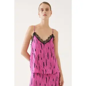 EXQUISE Printed Spaghetti Strap Blouse - Fuchsia-black