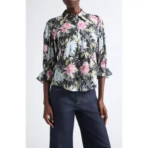Cinq À Sept Fiona Ikat Dahlia Three-quarter Sleeve Shirt - Black Multi