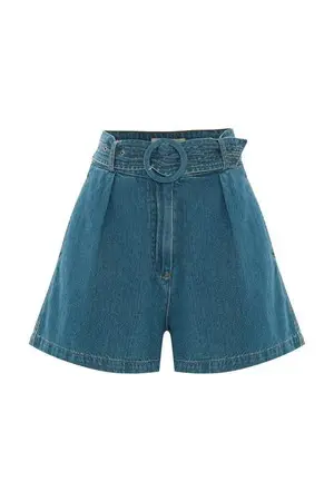 EXQUISE Belted Denim Look Relaxed Shorts - Indigo