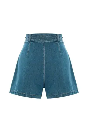 EXQUISE Belted Denim Look Relaxed Shorts - Indigo