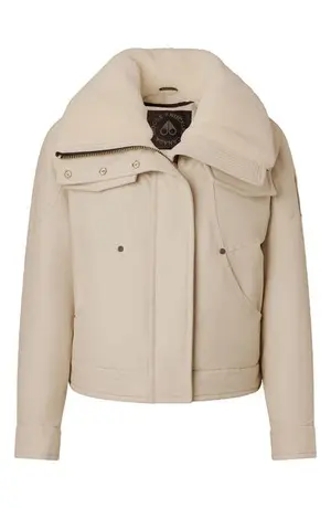 Moose Knuckles Aurora Down & Feather Fill Trucker Jacket With Genuine Shearling Collar - Alabaster