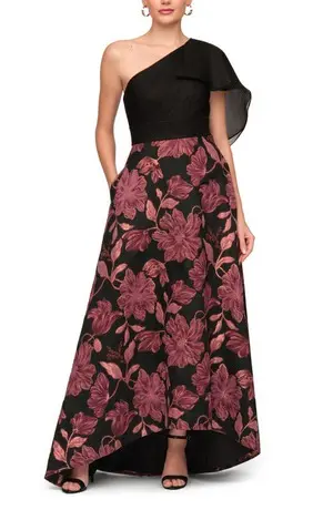 Js Collections Winifred One-shoulder Metallic Floral Jacquard Mixed Media Organza Gown - Black Multi