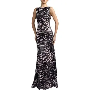 Mac Duggal Tiger Print Cowl Back Sequin Gown - Tiger Multi