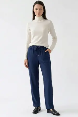 EXQUISE Elastic Waist Drawstring Regular Pants - Navy