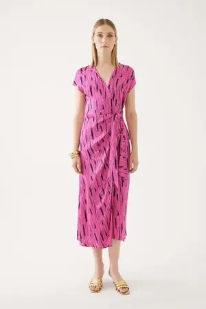 EXQUISE Off Shoulder Belted Wrap Dress - Fuchsia-black