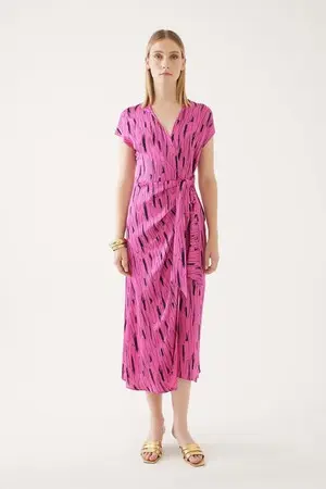 EXQUISE Off Shoulder Belted Wrap Dress - Fuchsia-black