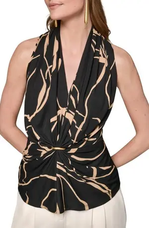 Donna Karan New York Ruched Hardware Top - Blk/fawn