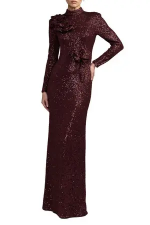 Mac Duggal Long Sleeve Sequin Gown With Flowers - Mahogany
