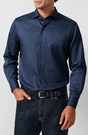 David Donahue Regular Fit Geometric Pima Cotton Shirt - Navy