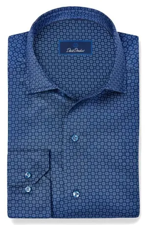 David Donahue Regular Fit Geometric Pima Cotton Shirt - Navy