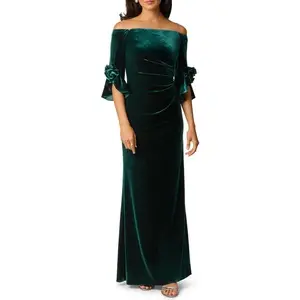 Adrianna Papell Bell Sleeve Off The Shoulder Stretch Velvet Rosette Gown - Hunter