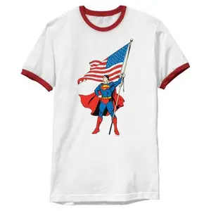 SUPERMAN Proud American Flag Short Sleeve Ringer T-shirt - White/red