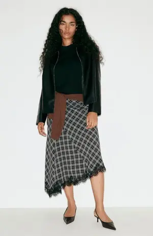 Mango Lace Trim Plaid Midi Skirt