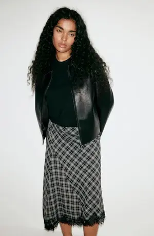 Mango Lace Trim Plaid Midi Skirt