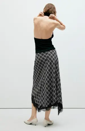 Mango Lace Trim Plaid Midi Skirt - Black