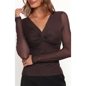 PETAL & PUP Ellera Twist V-neck Mesh Top - Brown