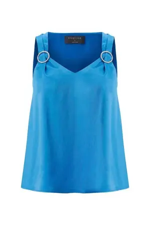 EXQUISE V Neck Crystal Buckle Sleeveless Blouse