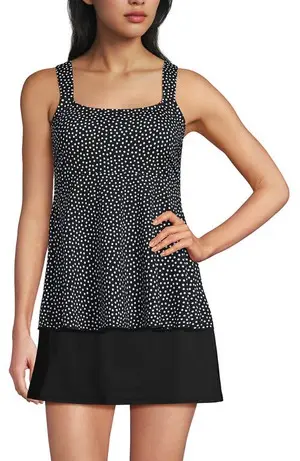 LANDS' END Adjustable Scoop Neck Flutter Tankini Top - Black Mini Dot