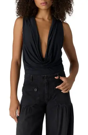 Free People We're Going Out Plunge Neck Bodysuit Black