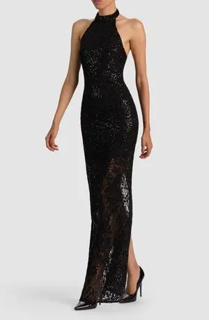 Alice + Olivia Koi Embellished Lace Halter Gown