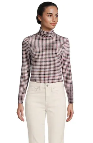 LANDS' END Lightweight Jersey Long Sleeve Turtleneck - Honey Beige/raspberry Check