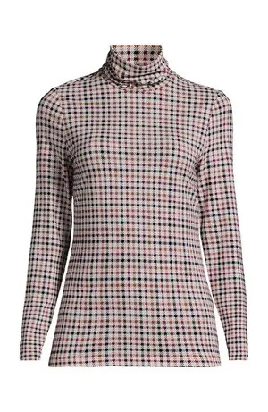 LANDS' END Lightweight Jersey Long Sleeve Turtleneck - Honey Beige/raspberry Check