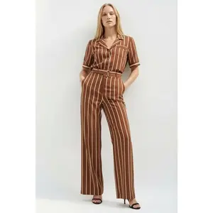 EXQUISE Striped Belted Wide Leg Pants - Hazelnut-beige