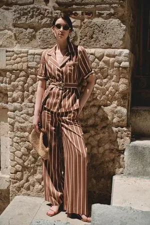 EXQUISE Striped Belted Wide Leg Pants