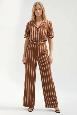EXQUISE Striped Belted Wide Leg Pants