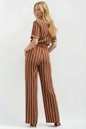 EXQUISE Striped Belted Wide Leg Pants