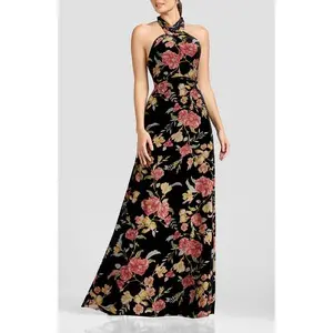 Dress The Population Brighton Floral Burnout Velvet Halter Gown - Black Multi